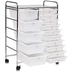 RIVALLYCOOL 15-Drawers Rolling Storage Cart, Mobile Book Paper Organizer Utility Trolley with Wheels, Ideal for School, Office, Home (Clear)