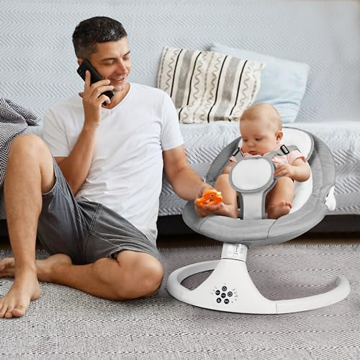 Baby to Toddler Cradle, Portable Rocker Swing for Newborn Boys and Girls, Indoor and Outdoor use, 5 Swing speeds, 5-Point Safety Harness, Foldable, Gray.