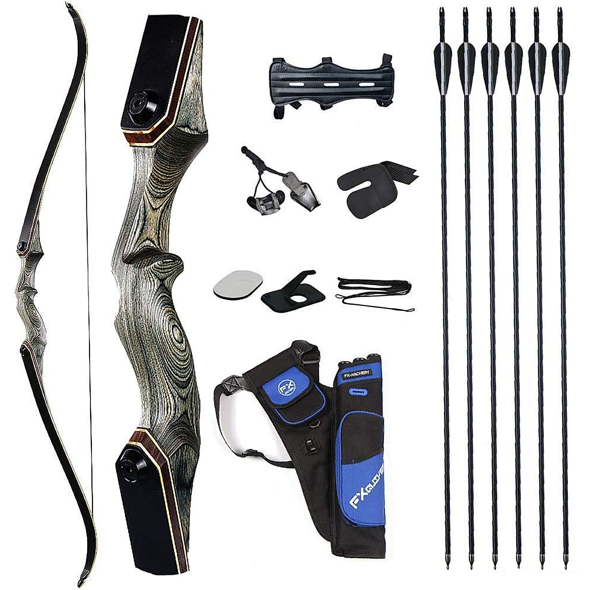 60'' Archery Recurve Bow Takedown Bow Hunting Bow and Arrow Set Adult Target Practice Competition Survival Longbow Right Hand 30-50lbs with 6pcs Fiberglass Arrows (35lbs)