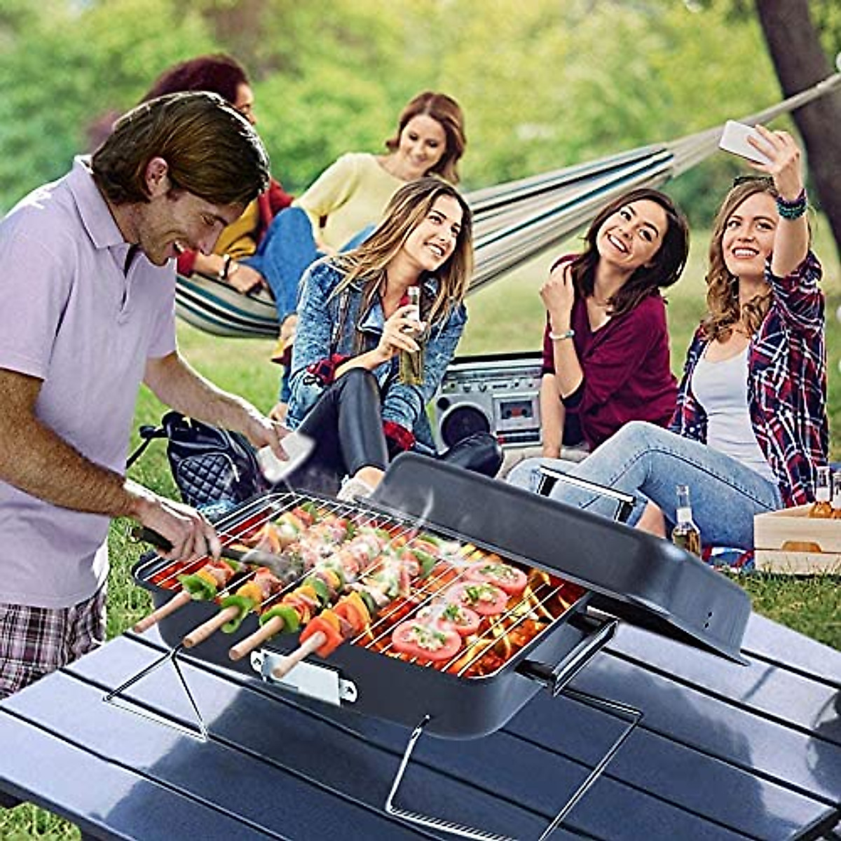 Portable Gas BBQ Grill, Outdoor Grill And Stove, Small Gas Barbecue, for Garden, Patio, Backyard, Camping, Black