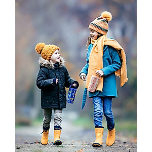 BUZIO Insulated Water Bottle for Kids (2 Pack), Modern Vacuum Insulated Hydro Bottle Leak-proof with Straw Lids, 14oz Double Walled Wide Mouth Sports Drink Flask, Blue Dinosaur