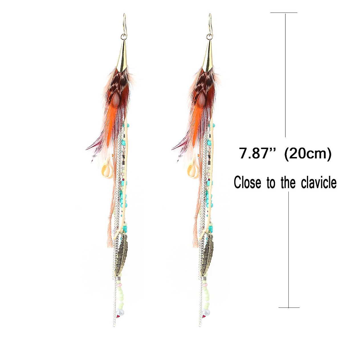 Boho Colorful Feather Feather Dangle Earrings for Women Bohemian Shell Beads Long Tassel Design Drop Earrings