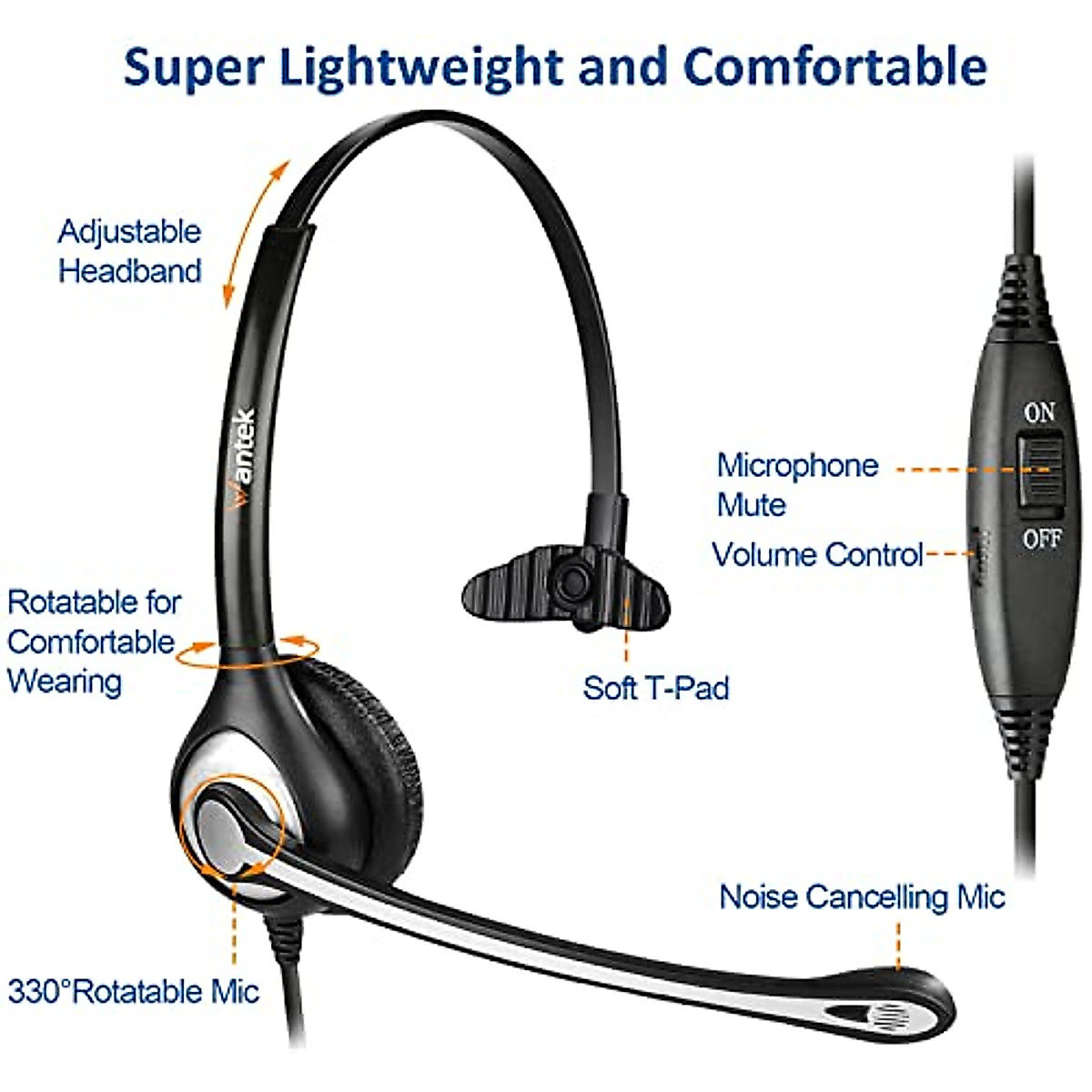Wantek Phone Headset with Microphone Noise Cancelling, RJ9 Office Telephone Headsets Compatible with Yealink T20P T21P T26P T23G T46G T48G T42S T46S Avaya 1608 9608 9611 Grandstream Panasonic Snom