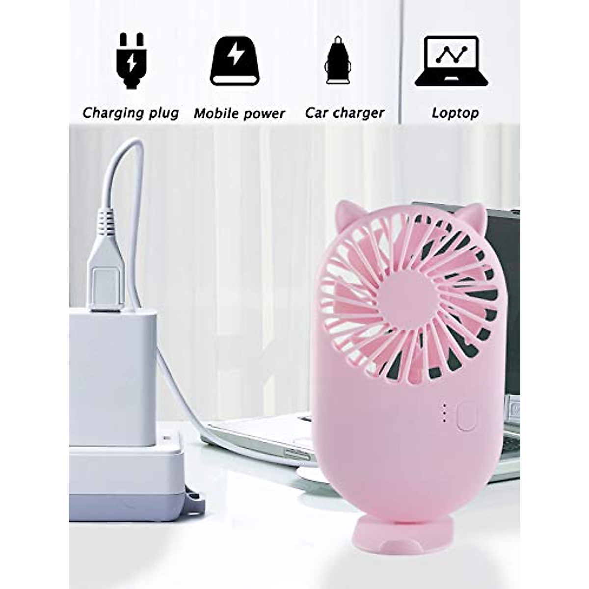 YUERR Portable Mini Fan Handheld Fans For Cooling Air 3 Speeds Adjustable USB Rechargeable Small Table Desk Fan Personal Quiet Eyelash Fan For Kids Women Men Home Office Travel(Pink Kitten)