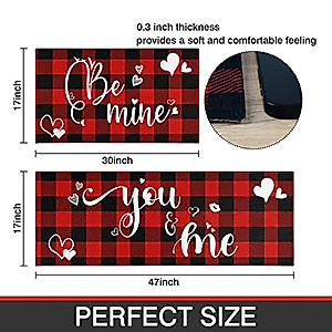 Xsinufn Valentines Day Kitchen Mat Set 2 Piece,Valentines Day Buffalo Plaid Decorative Kitchen Rugs,Valentines Hearts Low-Profile Kitchen Mats for Home Kitchen (17"x48"+17"x30" Be Mine)