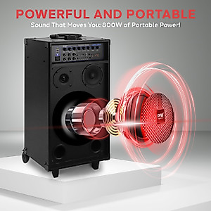 Pyle 800 Watt Outdoor Portable Wireless PA Loud speaker - 10'' Subwoofer Sound System with Charge Dock, Rechargeable Battery, Radio, USB / SD Reader, Microphone, Remote, Wheels - PWMA1090UI