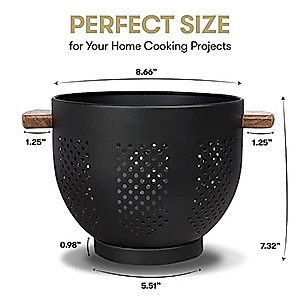 Stainless Steel Colander with Wood Handle | Metal Food Strainer for Washing Pasta Vegetables Fruit Noodles Spaghetti and More | Premium Colanders & Food Strainer | 5.5 Quart Large Matte Black