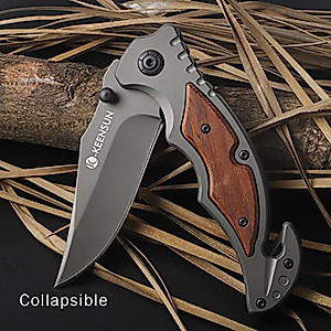 KEENSUN Pocket Folding Knife with Glass Breaker and Belt Cutter–Tactical Knife, Hunting Knife, Flipper Knife,EDC Knife.Thumb stud Assisted Opening Knifes with Liner Lock and Pocket clip.Good for Camping, Hiking, Indoor and Outdoor Activities.