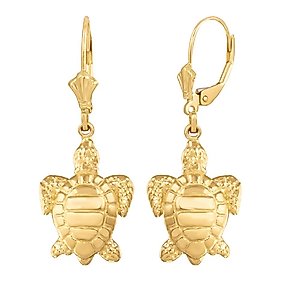 10k Yellow Gold Good Luck Sea Turtle Leverback Earrings