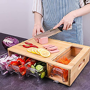 Bamboo Cutting Boards with Containers for Kitchen, Large Multifunctional Chopping Boards Set with Trays and Splash-proof Juice Groove Butcher Block for Quick Food-prep/Storage, 4 Graters & 6 Bowl Lids