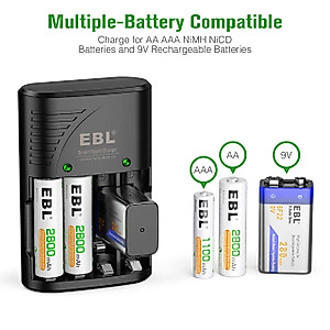 EBL Rechargeable AA Batteries 4 Pack, Precharged Double A Battery 2800mAh and AA AAA Battery Charger with Foldable Wall Plug