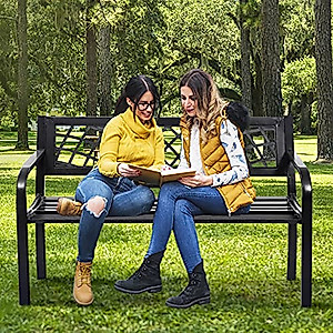 Tangkula Outdoor Garden Bench Park Bench with Steel Frame & PVC Backrest, Park Bench with Large Seat for 2-3 People, Patio Furniture Chair for Yard, Balcony, Porch & Poolside, Garden Welcome Bench