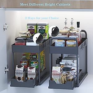 EWQKPEL 2 Tier Under Sink Organizers and Storage, Sliding Drawer Bathroom Kitchen Sink Organizer with 4 Hooks 2 Handles, Multi-purpose Under Cabinet Shelf, Bath Collection Basket