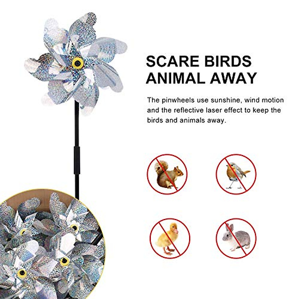 BATTIFE 10 Pack Reflective Pinwheels for Yard and Garden, Pre-Installed Bird Blinder Sparkly Pin Wheel, Scare Birds & Animal Away Wind Spinner (Sliver)