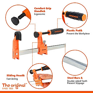 Jorgensen 6 inch Bar Clamp Set, 4 Pack Steel F Clamp Light Duty, 300 lbs Load Limited, for Woodworking, Metalworking, DIY