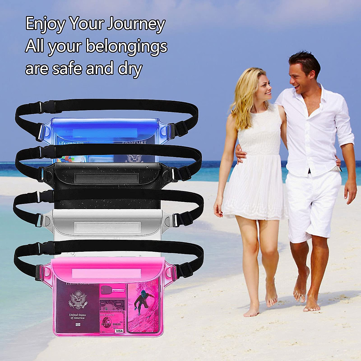 Famoby 4 Packs Waterproof Pouch with Waist Strap Dry Bag for Swimming Boating Snorkeling Kayaking Water Park Outdoor Beach Sport