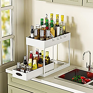 Appolab 2 Pack Under Sink Organizer, Sliding Cabinet Basket Organizer Drawers, Under Sink Organizers and Storage Bathroom Kitchen Cabinet Organizer with Hooks The Bottom Drawers Can Be Slid Out, White