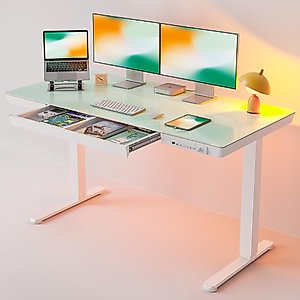 FEZIBO 55 × 24 Electric Standing Desk with Drawers, Whole-Piece Glass Adjustable Height Desk, One-Piece Quick Install Adjustable Sit Stand Desk, White