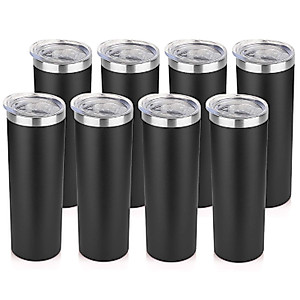 HASLE OUTFITTERS 20 oz Skinny Tumblers Bulk Set, Stainless Steel Insulated Slim Tumblers with Lids, Reusable Double Wall Travel Coffee Mugs, Durable Powder Coated Travel Water Cups(Black, 8)