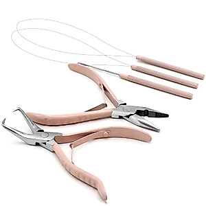 Professional Hair Extension & Beading Tool Kit Remove Plier Set for beads (4 Piece) I-Link Micro Ring Loop Needle Pulling Hook Threader Wire for Silicone Rings (Tea Pink)