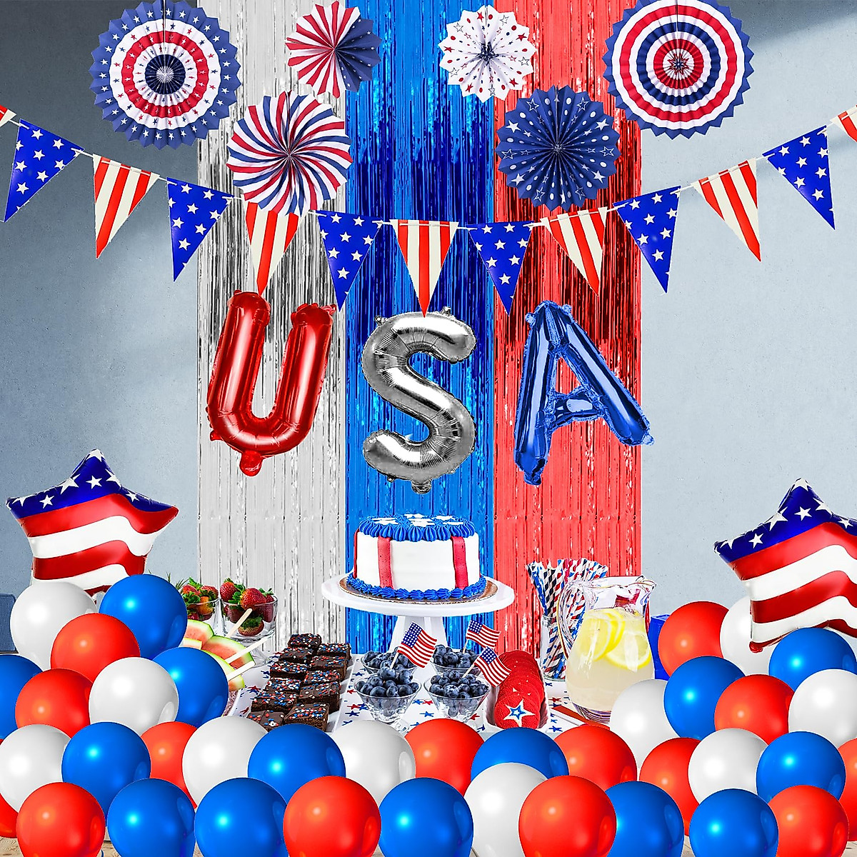 4th of July Patriotic Party Decorations 48PCS Independence Day Decorations with Red White and Blue BalloonsUSA Flag Pennant BannerStar BalloonsUSA Foil Balloons Paper Fans for National Day