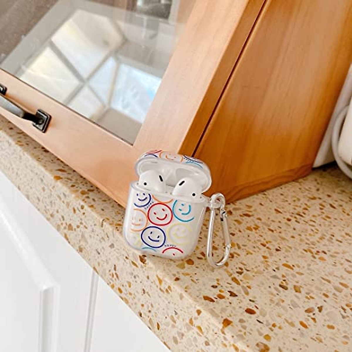 HENJI TPU Case for AirPods 2&1, Anti-Fall Protective AirPods 12 Case with Keychain, Front Led Visible, Ultra Slim Shockproof Skin for AirPods 21 Charging Box (Smiley)