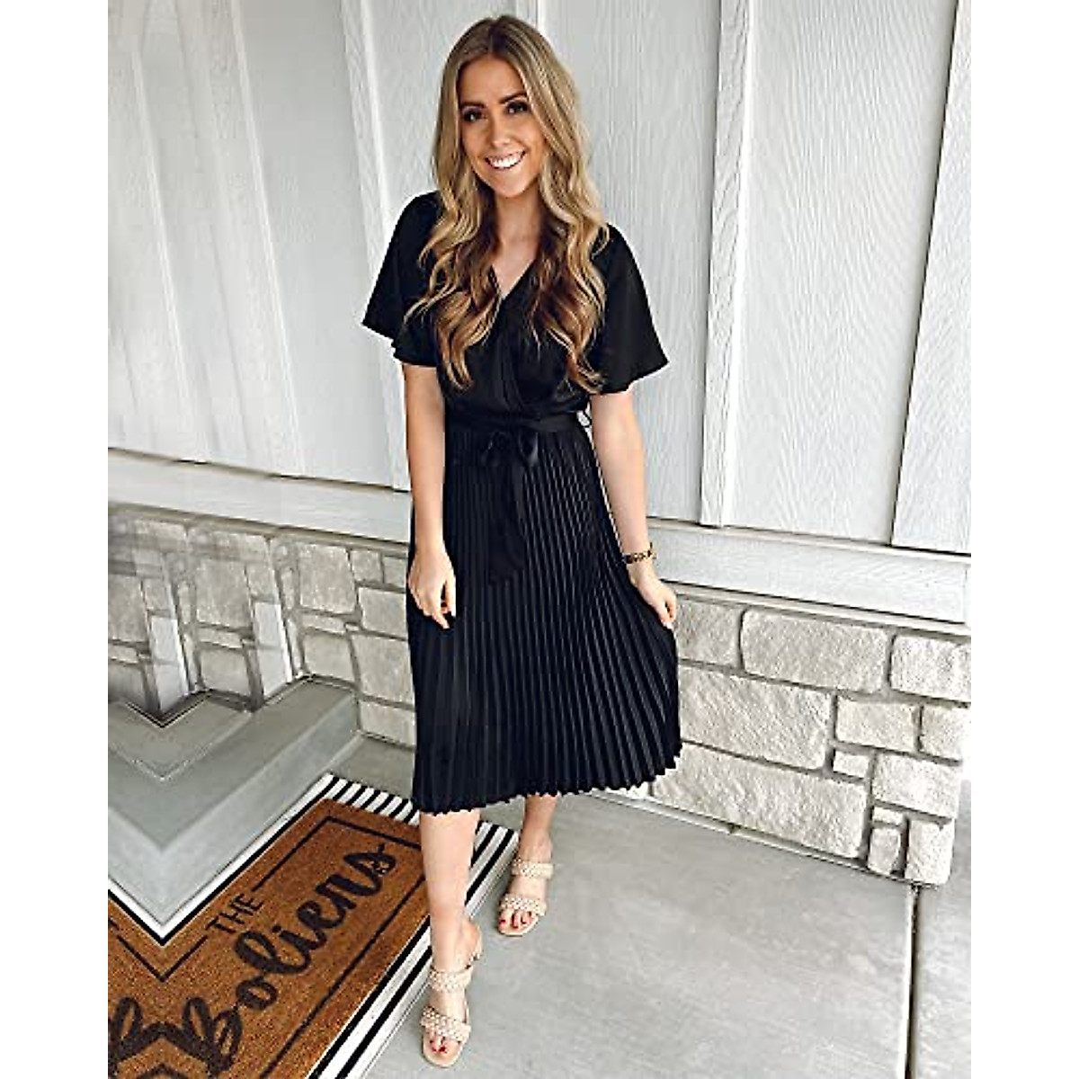 BTFBM Women Wrap V Neck Casual Summer Dresses 2023 Short Sleeve Satin Tie Waist Pleated Flowy Wedding Guest Midi Dress(Solid Black, Medium)