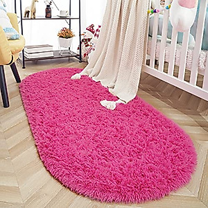 ISEAU Oval Fluffy Rug Carpets, Modern Plush Shaggy Area Rug for Kids Bedroom Extra Comfy Cute Nursery Rug Bedside Rug for Boys Girls Room Home Decor Mats, 2.6 x 5.3ft, Hot Pink