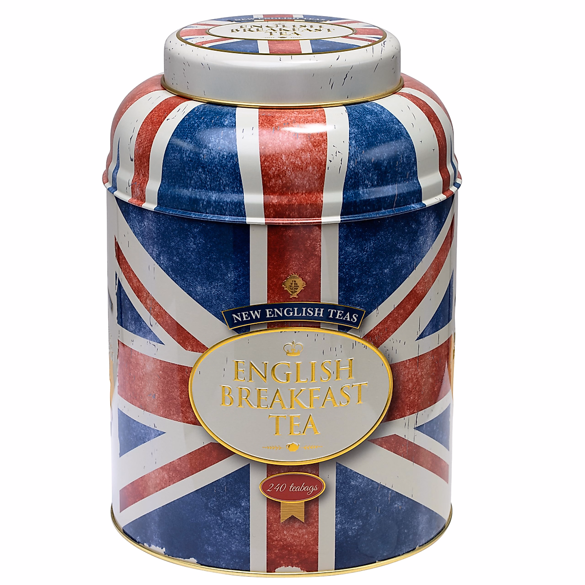 New English Teas Union Jack Large Round Tea Caddy with 240 English Breakfast Teabags