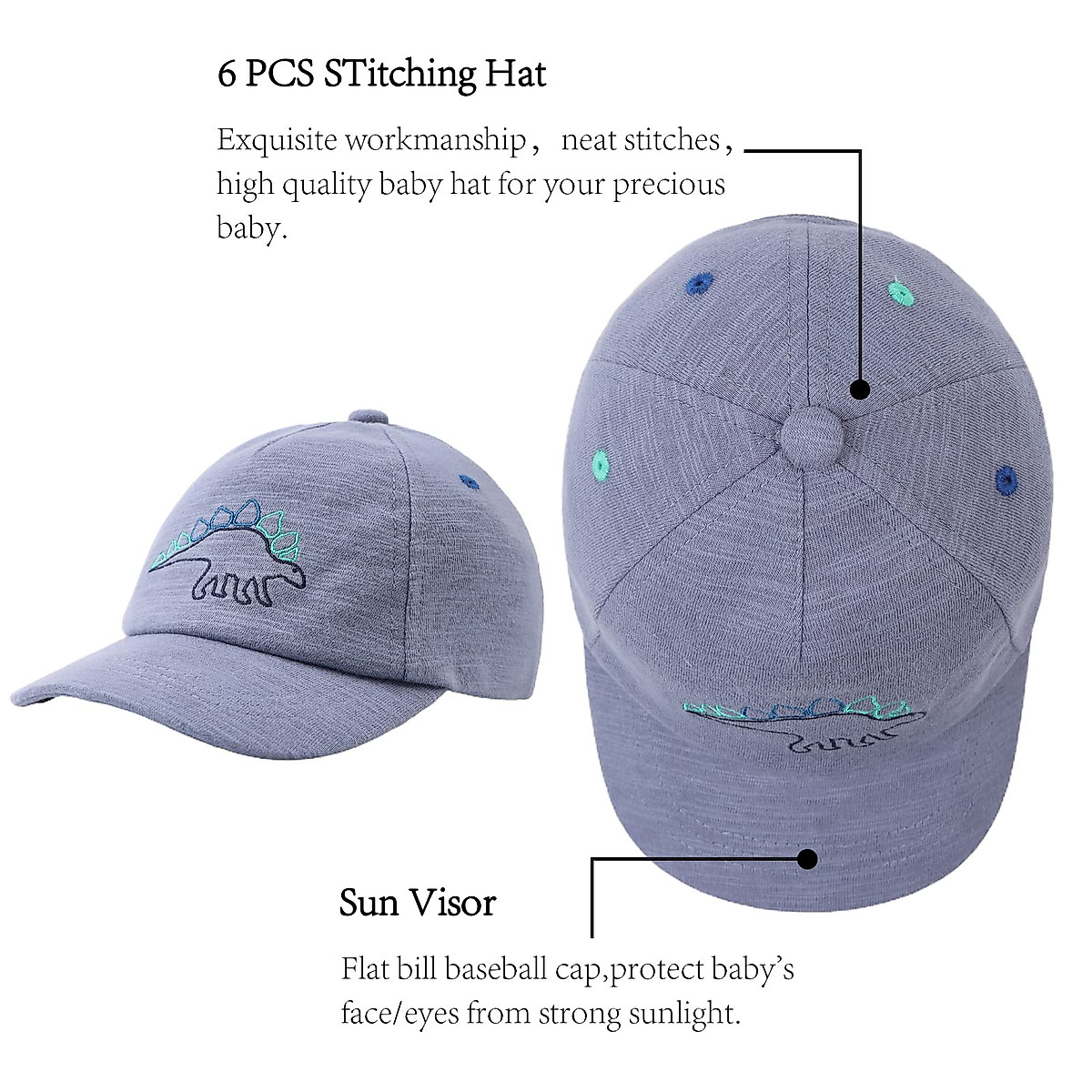 JANGANNSA Dinosaur Boys Girls Caps Embroidery Baby Baseball Caps Cotton Infant Toddler Kids Hat Spring Summer Autumn 6M-4Y (Navy Embroidery Dinosaur, 18.9"(6-12 Months))