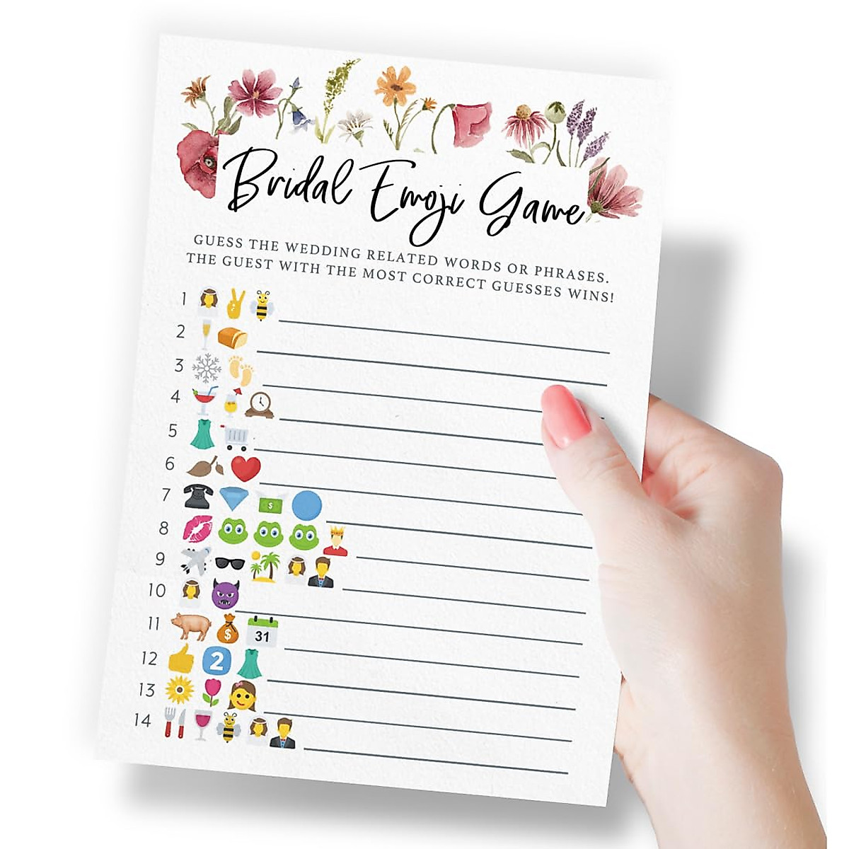 Printed Party Bridal Shower Game Set – 4 Fun Games and Activities for 30 Guests, Includes Bingo, Emoji Guessing, and Bride & Groom Trivia, Love In Bloom Wildflower Design