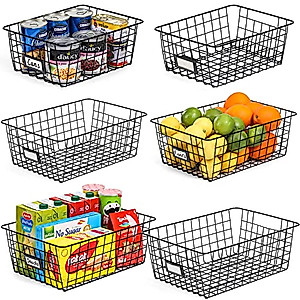 6 Pack [ Extra Large ] Wire Storage Baskets for Organizing with Lables, Pantry Organization Bins for Cabinets - Metal Basket for Kitchen, Laundry, Garage, Fridge, Bathroom Countertop Organizer, Black