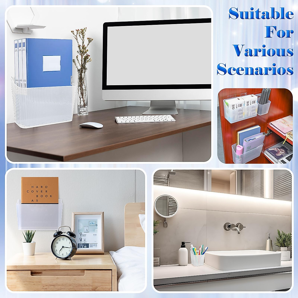 6 Pack Storage Organizer Bins Wall Mounted Organizer Basket Stackable Fridge Cabinet Door Bin Plastic Hanging Baskets with Self-adhesive Hooks for Kitchen Bathroom Pantry Freezer Under Sink - BPA Free