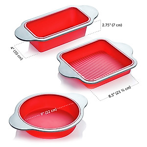 Boxiki Kitchen Silicone Baking Pans Set. 3 PCS Professional Silicone Non-Stick Baking Cake Pans Set includes Silicone Round Cake Pan, Square Cake Pan and Bread Loaf Pan.