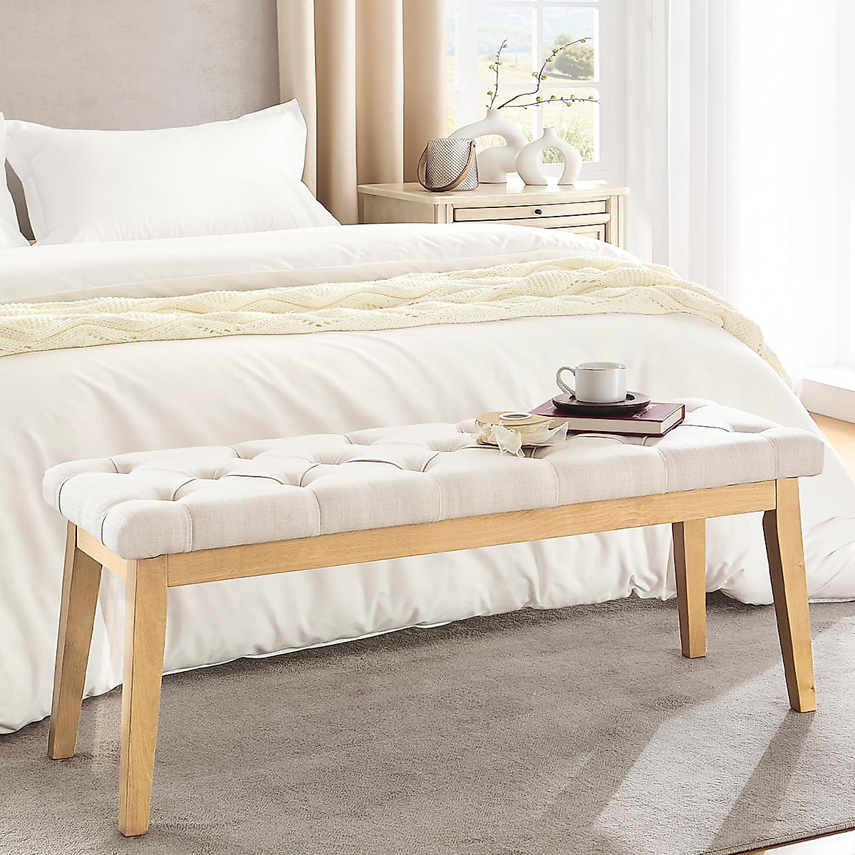 Upholstered Entryway Bench - End of Bed Bench with Padded Seat, Button Tufted Wood Frame (Beige-2)