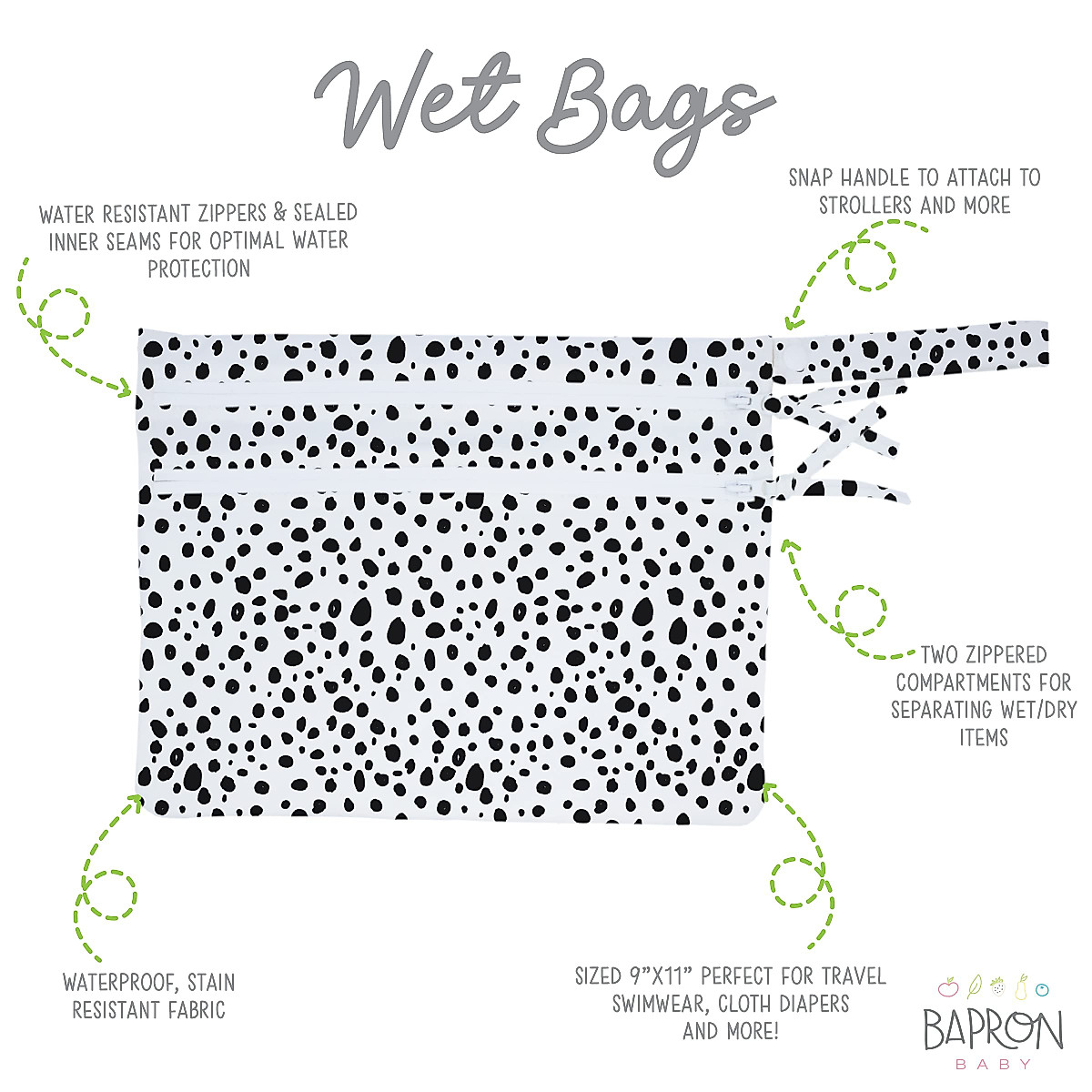 BapronBaby Organic Dot Wet Dry Bag - Waterproof Two Zipper Pockets - Reusable for Mealtime, Diapers, Stroller, Snacks, Swimsuits - Machine Washable - 11" x 9"