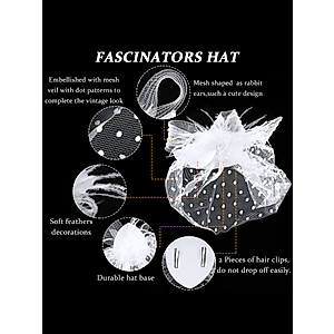 4 Pcs 50s Fascinators Hat for Women Tea Party with Short Lace Gloves Pearl Necklace Earrings for Wedding Halloween Funeral(White)