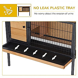 PawHut Rabbit Hutch Elevated Bunny Cage Small Animal Habitat with Metal Frame, No Leak Tray, Mtetal Wire Pan and Openable Water-Resistant Asphalt Roof for Indoor/Outdoor Natural Wood