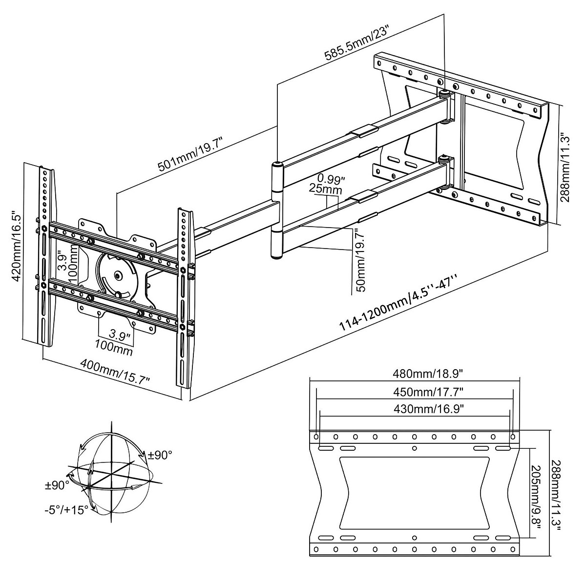 Physix 2120 Long arm TV Wall Mount for 32-75 inch Screens | Extra Long Extension up to 47 inch | Heavy-Duty TV Mount Holds up to 77 lbs | Full-Motion, swivels up to 180° | Max. VESA 400x400