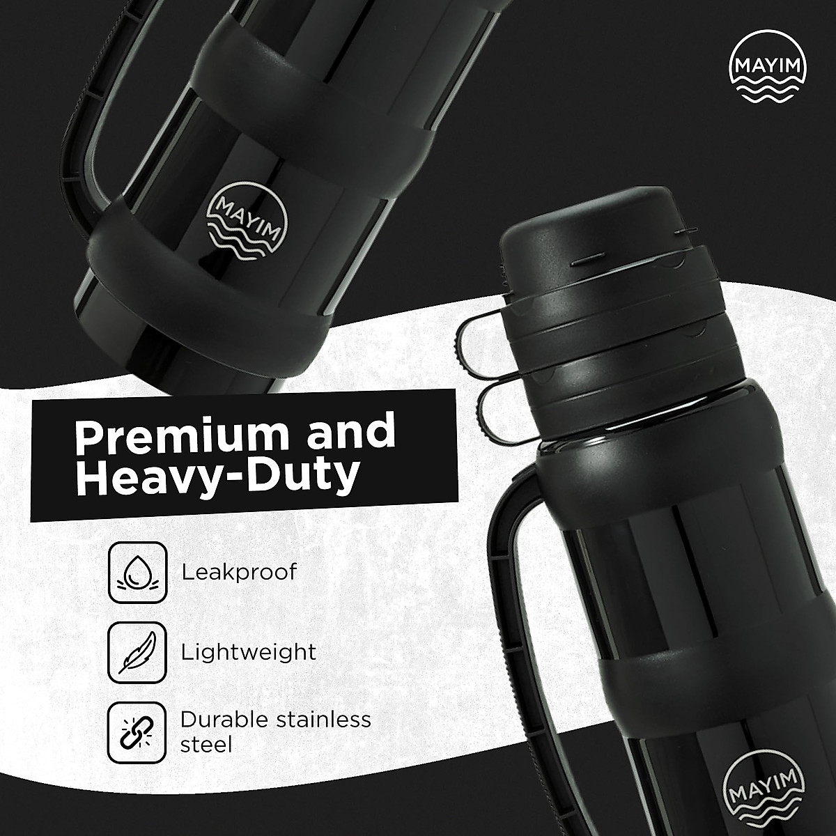 Mayim King Stainless-Steel Vacuum-Insulated Thermos Beverage Bottle with 2 Cups, 34 Ounces, Black, H14039WB