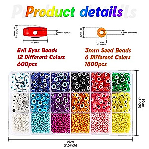 PHUNTTEK 2400pcs Seed Beads and Evil Eye Beads Halloween Beads for Jewelry Making, 3mm Glass Seed Beads 8mm Flat Evil Eye Colorful Bracelet Beads Kit for Bracelets Making DIY Gift Beading Supplies