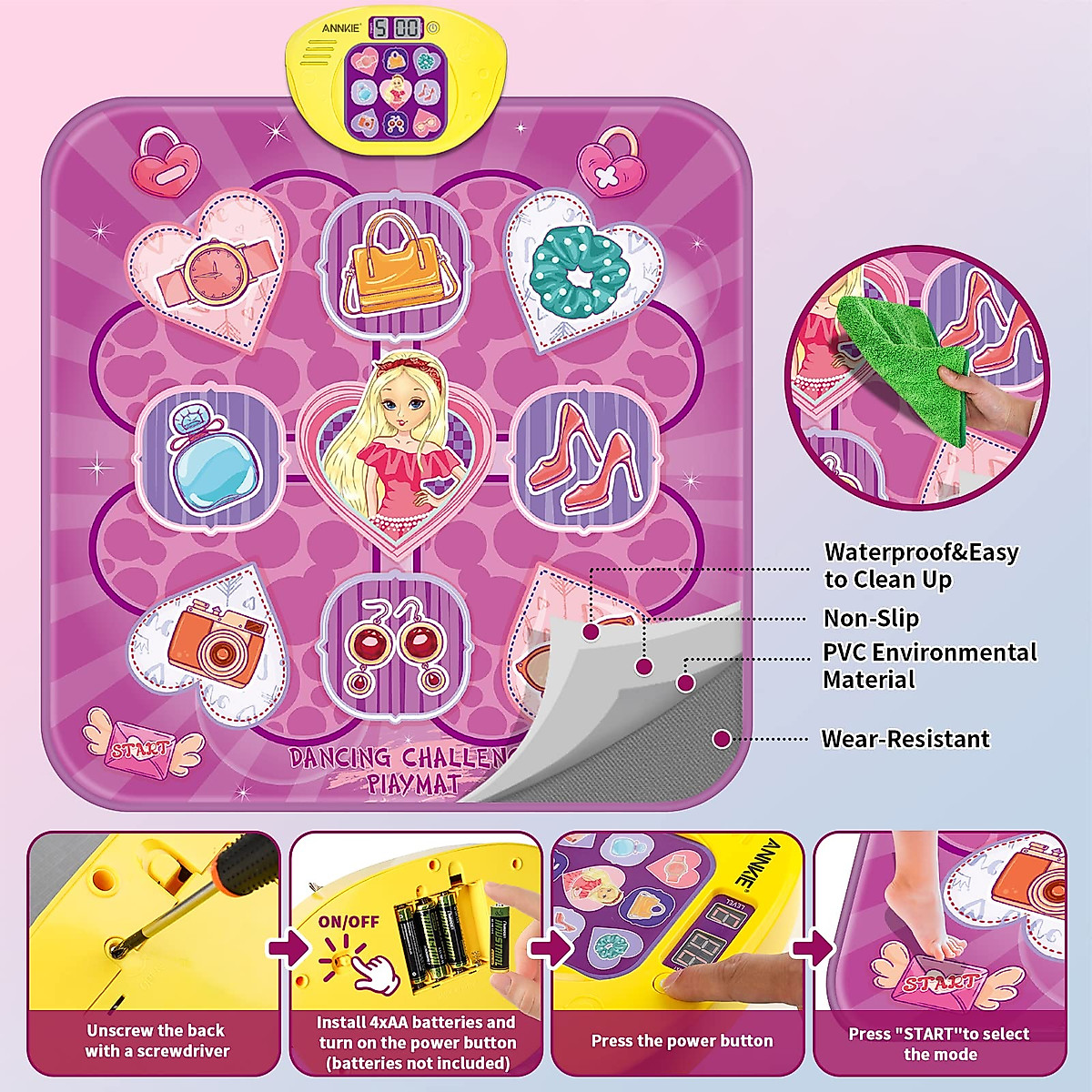 Dance Mat,Toys for 3 4 5 6 7+ Year Old Girls,Dance Mat for Kids,Electronic Music Dance Pad Toy with LED Lights,5 Game Modes Princess Dancing Mat,Birthday Xmas Gifts for Age 3-8 Year Old Girls