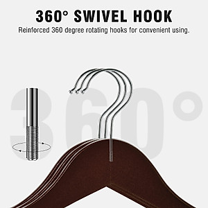 TECHMILLY 20 Pack Solid Wooden Suit Hangers, Heavy Duty Coat Hangers for Closet, Smooth Finish Clothes Hangers with 360° Swivel Hook & Non Slip Pant Bar & Cut Notches for Shirt, Walnut