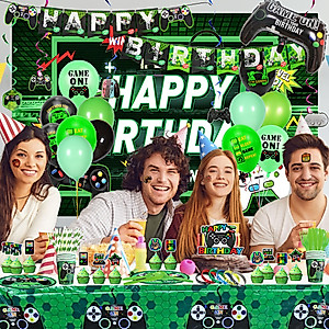 WODSMIN 254 PCS Green Video Game Party Supplies, Game Theme Decorations for Serves 10 Guests Plates, Cups, Hanging Swirls, Balloons, Banner, Cake Topper, Tablecloth and Backdrop for Birthday Party