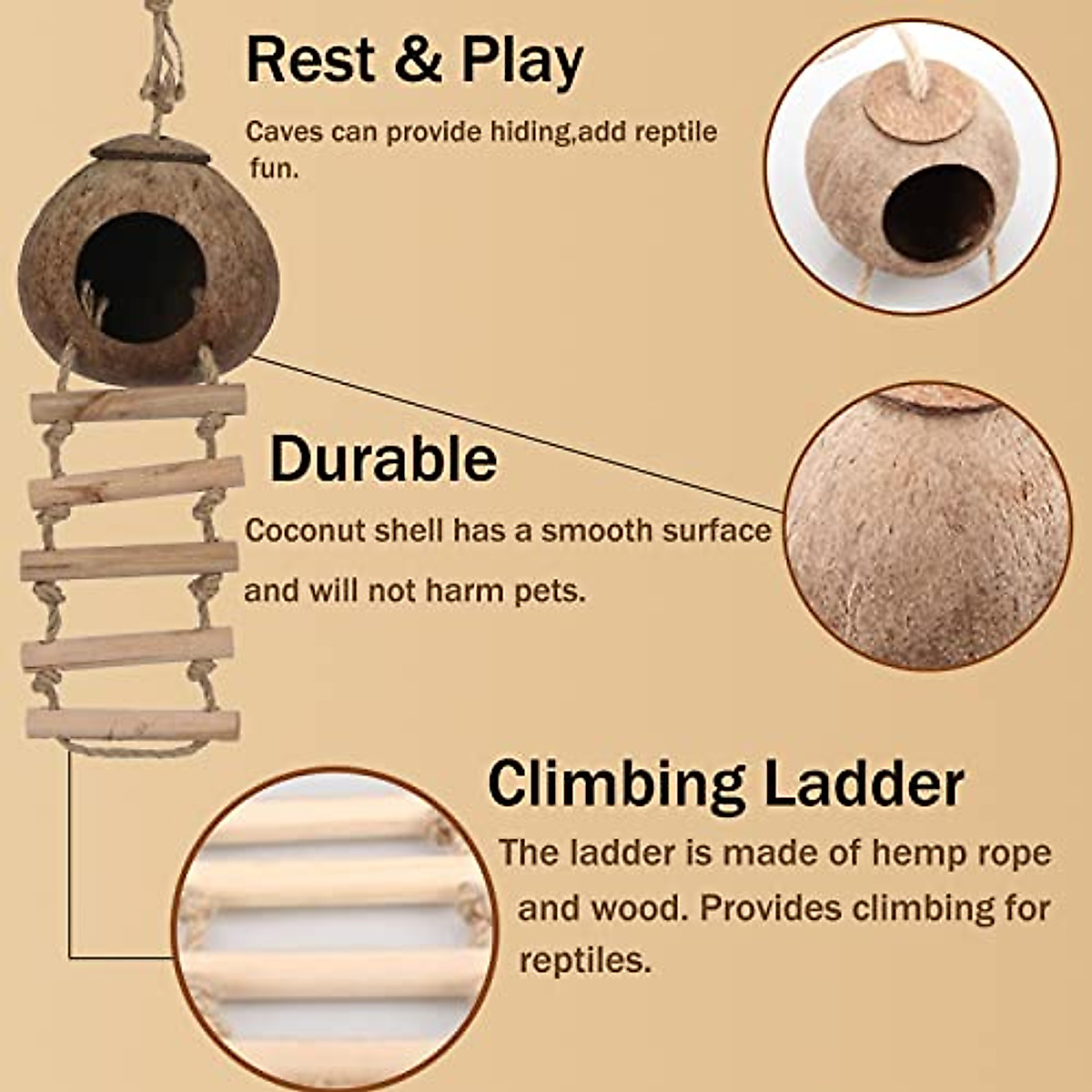 RUNANIA Crested Gecko Tank Accessories, Reptile Vines and Plants Coco Hut Coconut Shell with Ladder Hideout Cave Habitat Decor for Climbing Lizard Leopard Gecko Tortoise Amphibians Hermit Crab