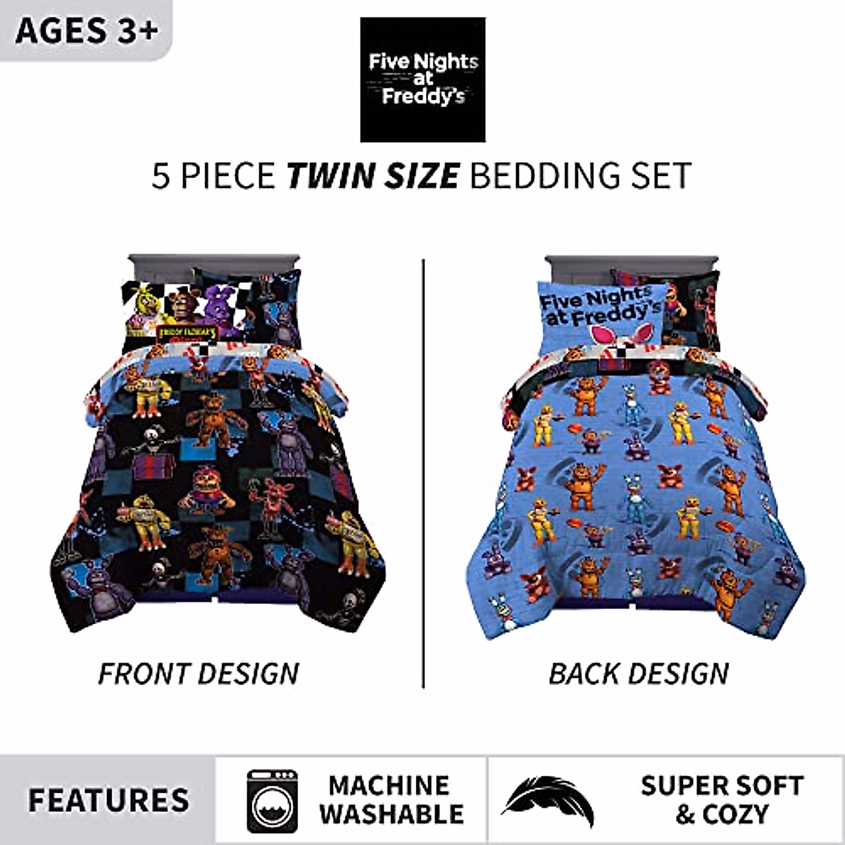 Franco Kids Bedding Super Soft Comforter and Sheet Set with Sham, 5 Piece Twin Size, Five Nights at Freddy's & Kids Room Window Curtains Drapes Set, 82 in x 84 in, Five Nights at Freddy's