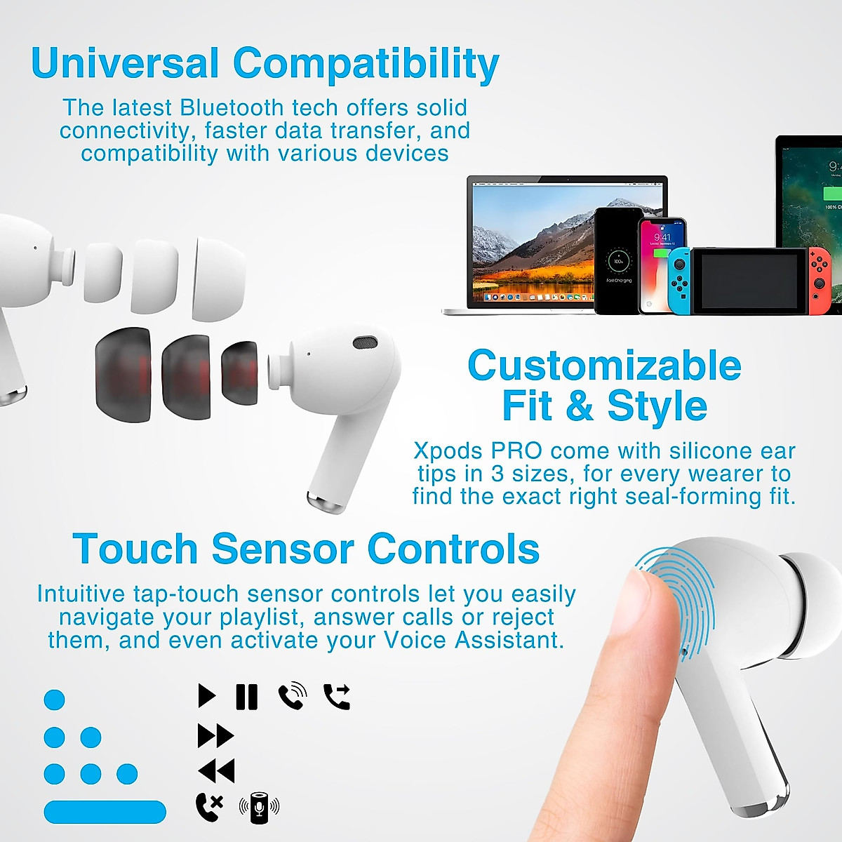 Naztech Xpods PRO - True Wireless Noise Cancelling Earbuds w/Touch Control, IPX4 Water-Resistant, HD Sound, Secure Fit for Sports, Gym Workouts & More, Includes Wireless Charging Case - White