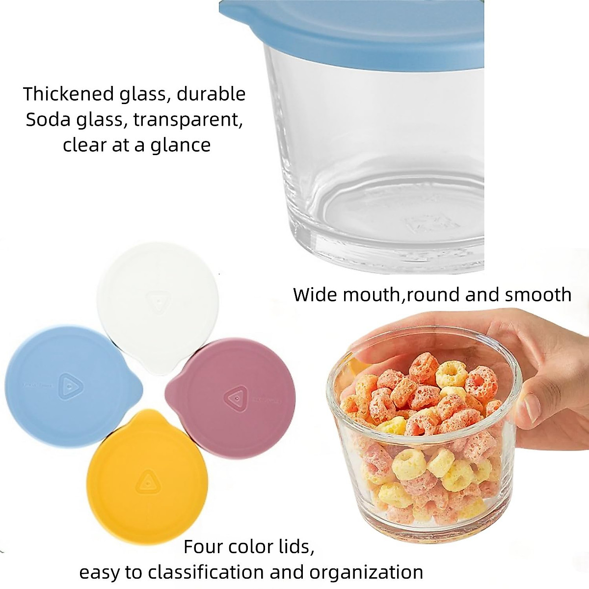 yaocoral 4 Pack 9 OZ Small Round Glass Containers with Lids,Clear Food Jars Airtight Glass Food Container for Food Portion,Overnight Oats,Pickles,Dipping Sauce,Snack,Yogurt,Meal Prep Containers