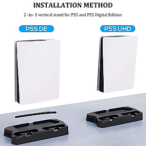 Cooling Fan Vertical Stand Compatible with Playstation 5 with DualSense Controller Charging Station and 14 Game Slots - 4 Thumbstick Caps Included