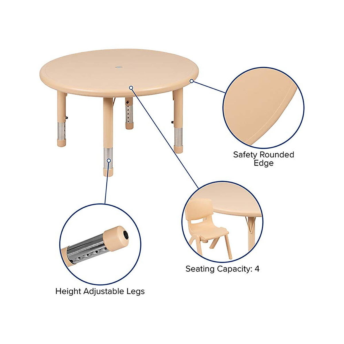 Flash Furniture 33" Round Natural Plastic Height Adjustable Activity Table Set with 2 Chairs